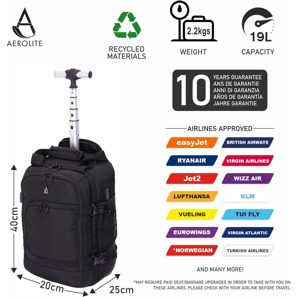 Aerolite 40x20x25 Ryanair Maximum Size Backpack Trolley Bag with 2 Whe ...