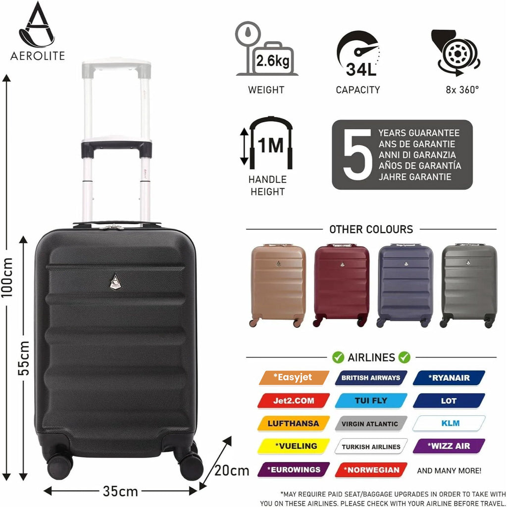 Aerolite 55cm Lightweight Hard Shell 4 Wheel Cabin Suitcase (55x35x20c ...