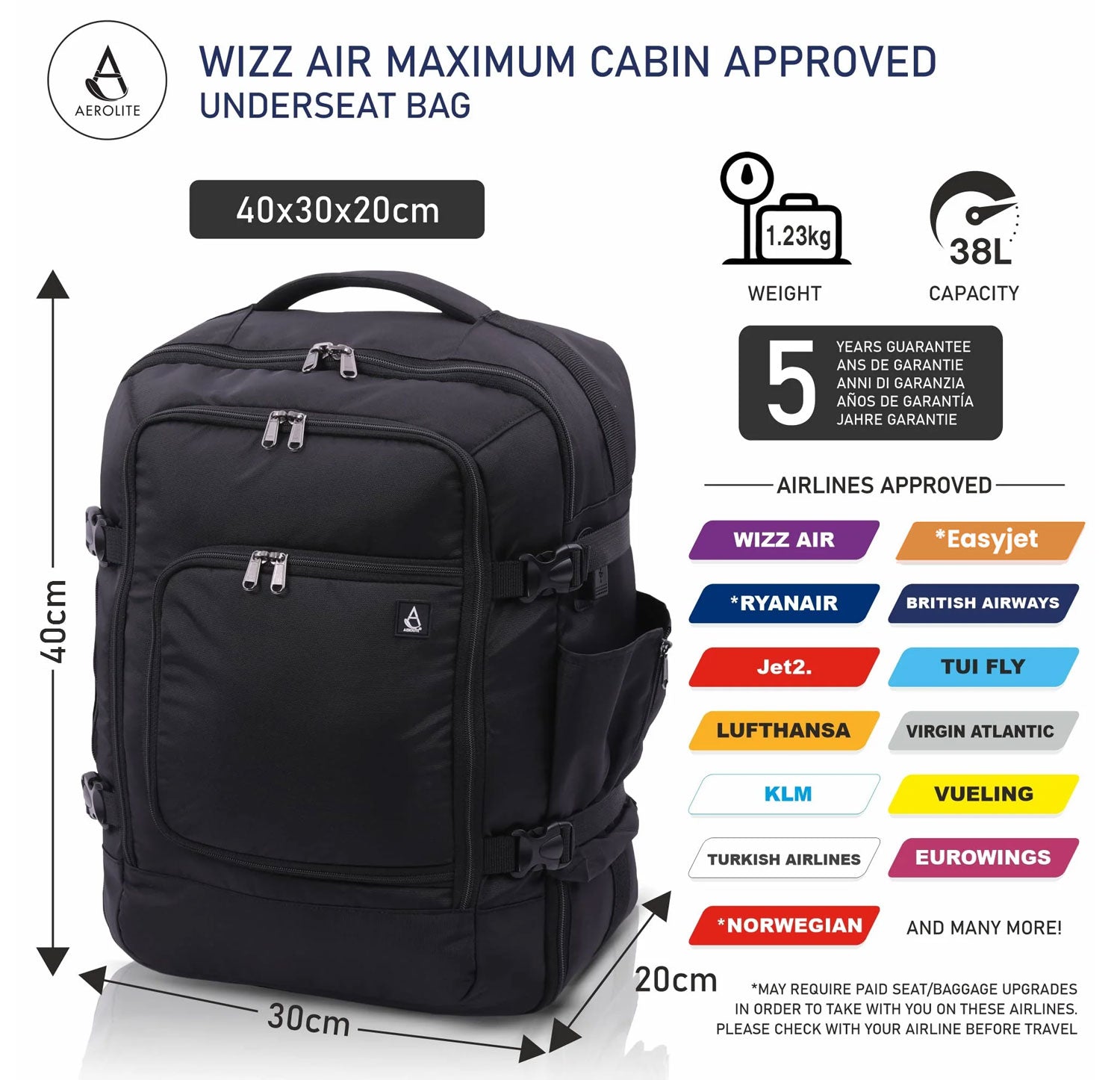 Aerolite 40x30x20 Wizz Air Maximum Size Backpack Eco Friendly Cabin Lu Aerolite 40x30x20 Wizz Air Maximum Size Backpack Eco Friendly Cabin Lu