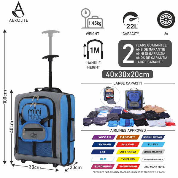 Aerolite MiniMAX Ryanair & Wizz Air 40x30x20 Maximum Size Cabin Hand L ...