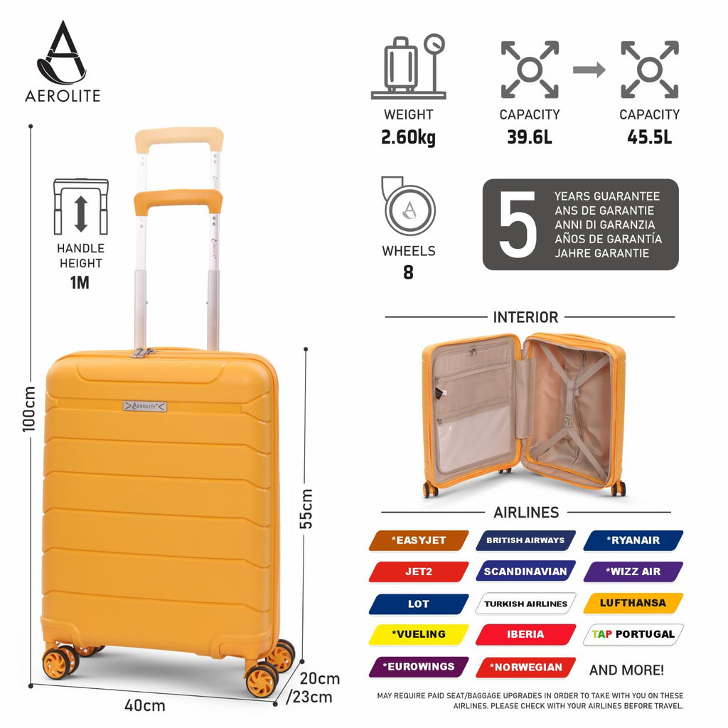 Aerolite Premium PP Expandable Cabin Suitcase 55x40x20cm to 55x40x23cm ...