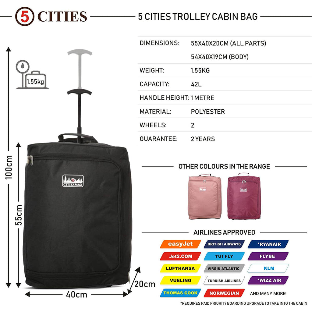 5 Cities (55x40x20cm) Lightweight Cabin Hand Luggage, Maximum Possible ...